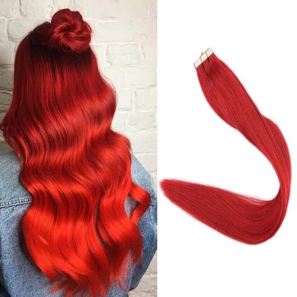 Accessories | 18 Red Human Hair Tape In Hair Extensions Nwt | Poshmark